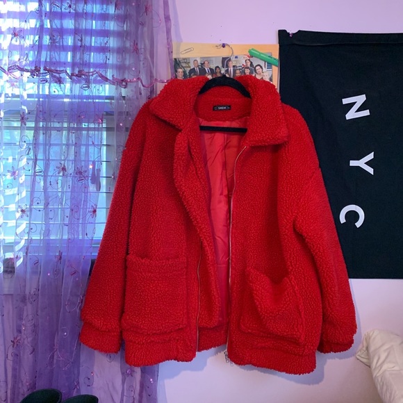 SHEIN | Jackets & Coats | Red Teddy Coat | Poshmark
